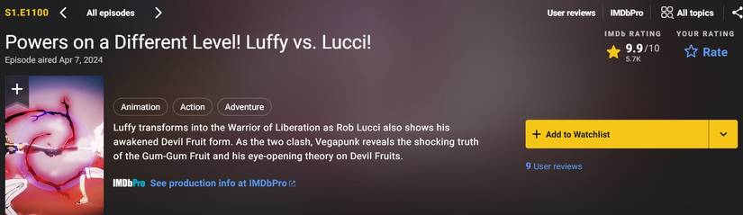 One Piece Episode 1100 Already Ranks the Series' Highest-Rated on IMDb