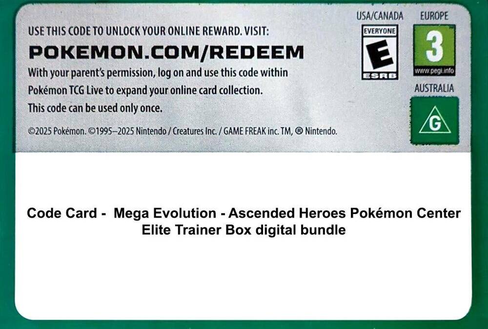 Code Card Ascended Heroes Pokemon Center Elite Trainer Box digital ...